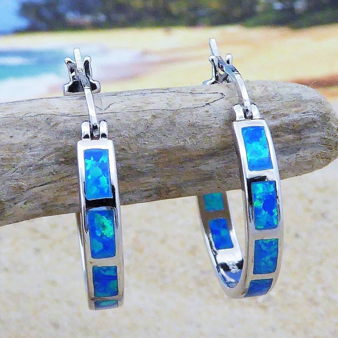 25 Mm X 4 Mm Blue Opal Hoop Earrings, Rhodium Plated .925 Sterling ...