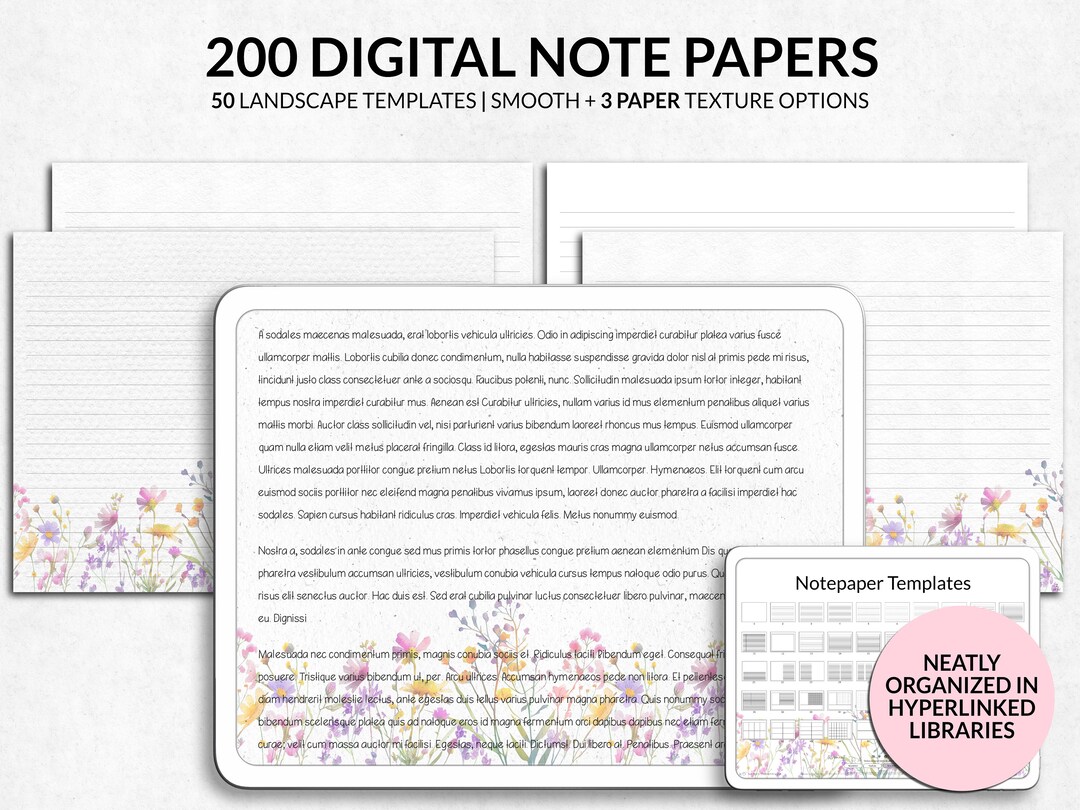 Digital Notepaper Templates, Landscape Flowers Digital Notebook Paper ...