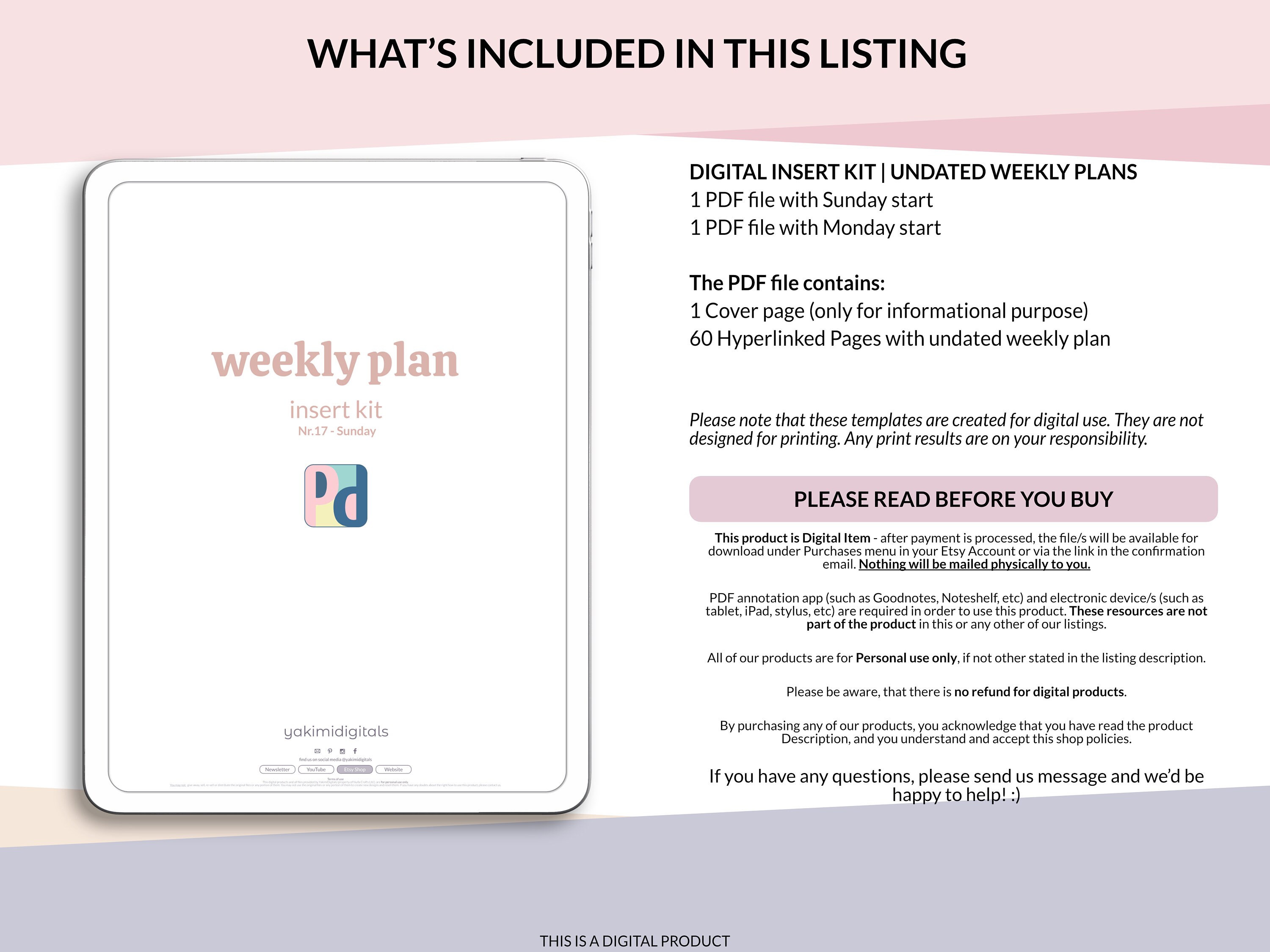 Digital Planner Insert Kit Undated Weekly Planner for - Etsy