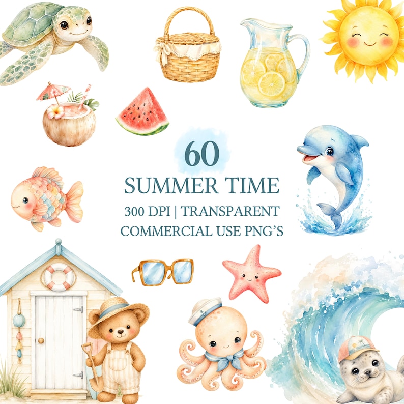 Summer PNG Clipart Set, 60 Summer Watercolor Cliparts, Beach Animals ...