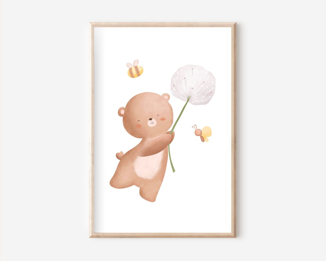 Bear With Flower Poster A4, Poster Set, Bear Mural, Bear Poster, Animal ...