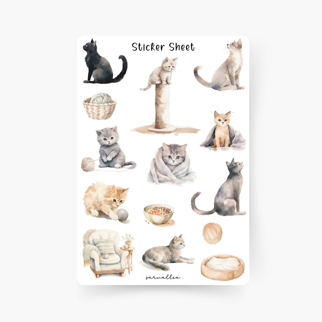 Cute Cats Sticker Sheet, Cat Lovers, Kitties, Animals, Kawaii, Kawaii ...