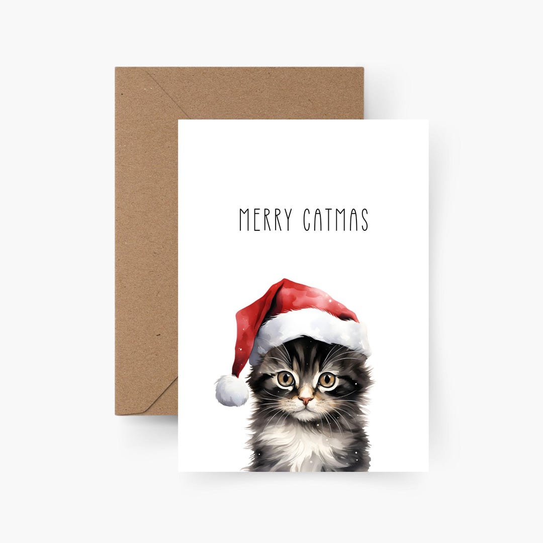 Christmas Card Merry Catmas A6, Watercolor, Merry Christmas, Card Set ...