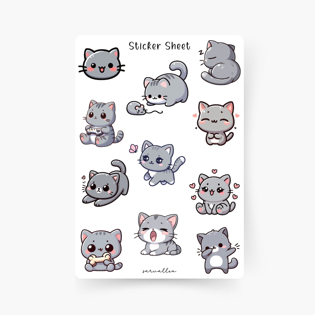 Gray Cute Cat Sticker Sheet, Kitties, Animals, Pet, Kawaii, Little Cat ...