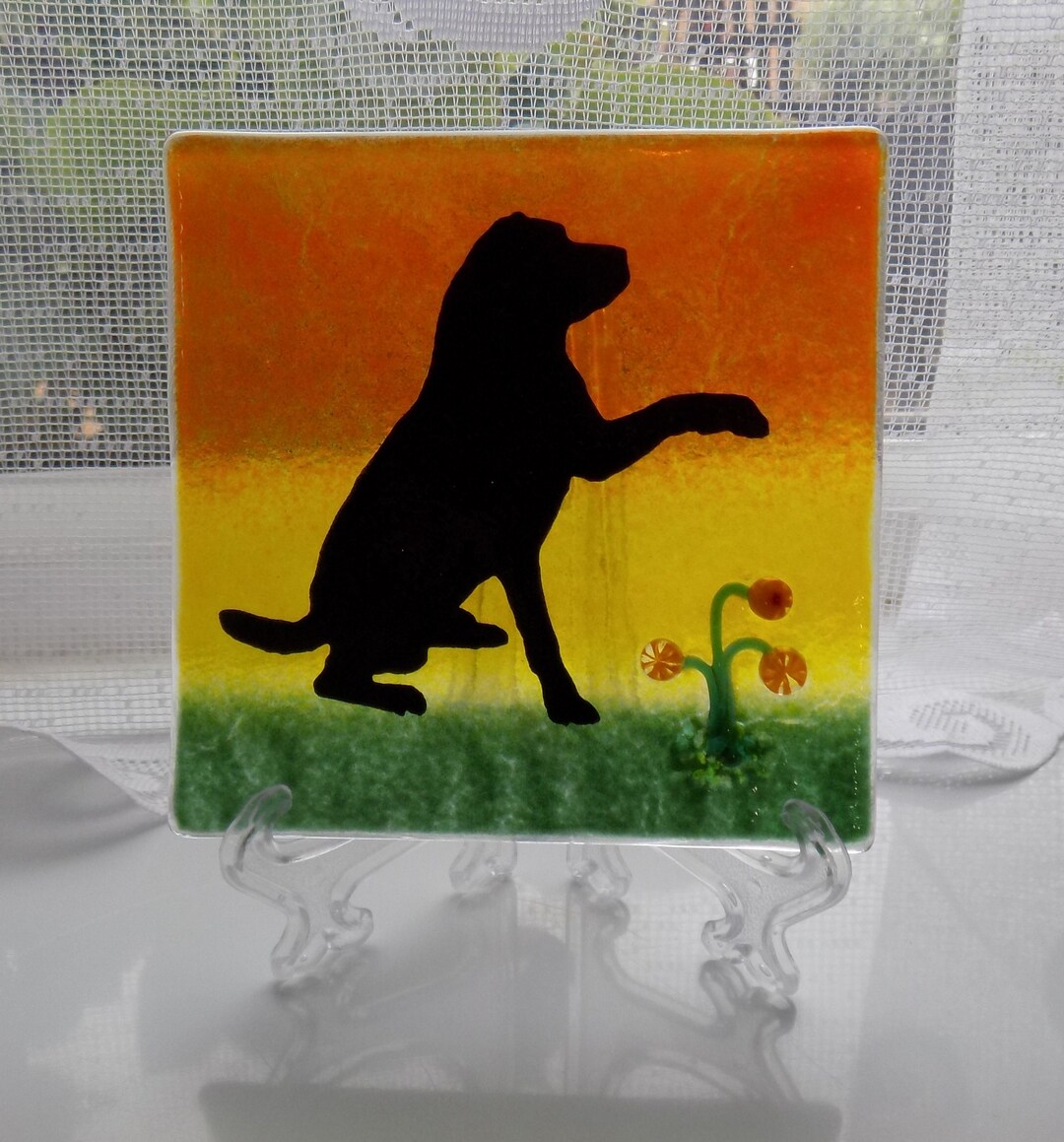 New Beautiful Sunset "labrador" Fused Glass Suncatcher Panel - Lovely ...