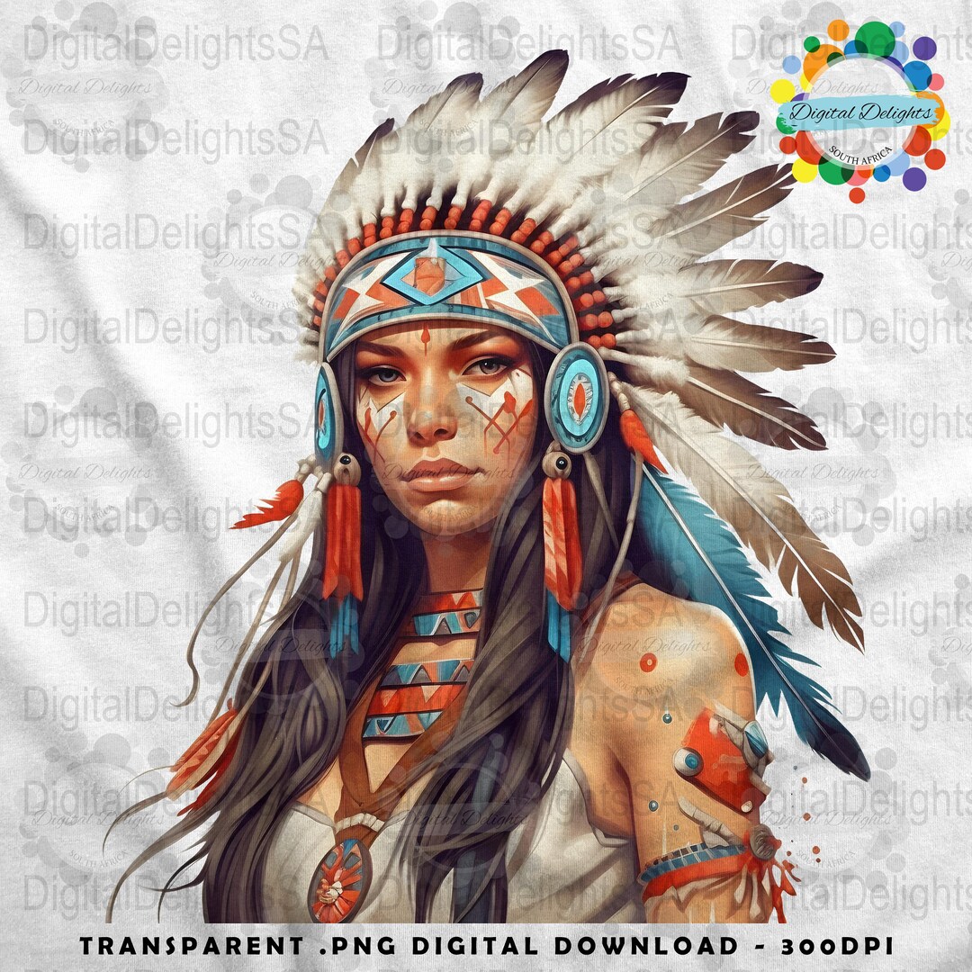 Native American Girl With Headdress Digital Design Ideal for T-shirts ...