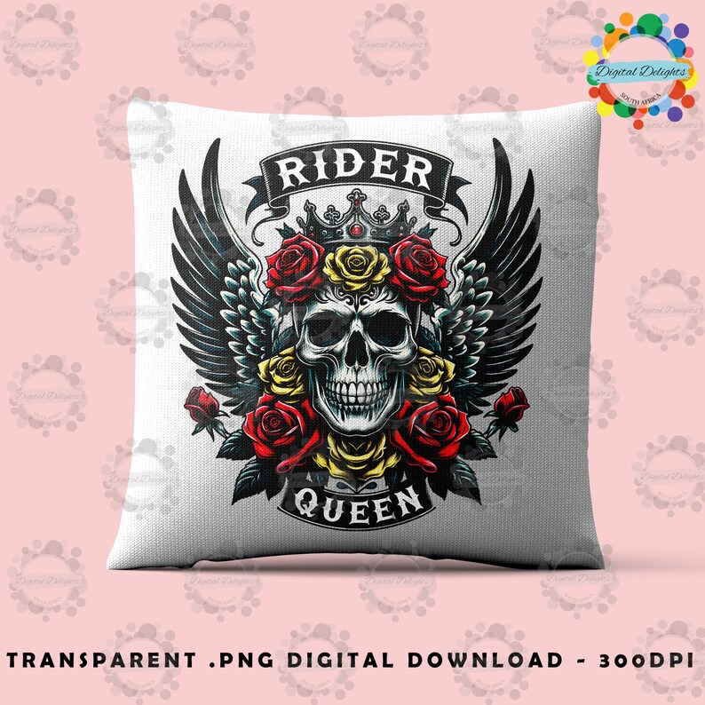 Rebel Queen Rider Intricate Skull Wings Roses Design Sublimation DTF ...