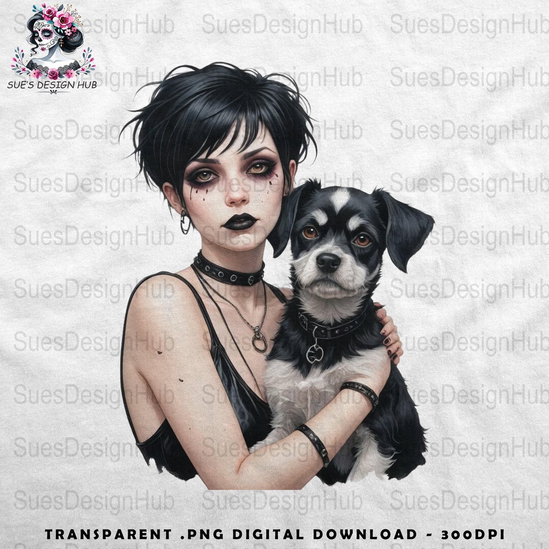 Gothic Girl With Dog Digital Art, Dark Aesthetic PNG, Edgy Artwork ...