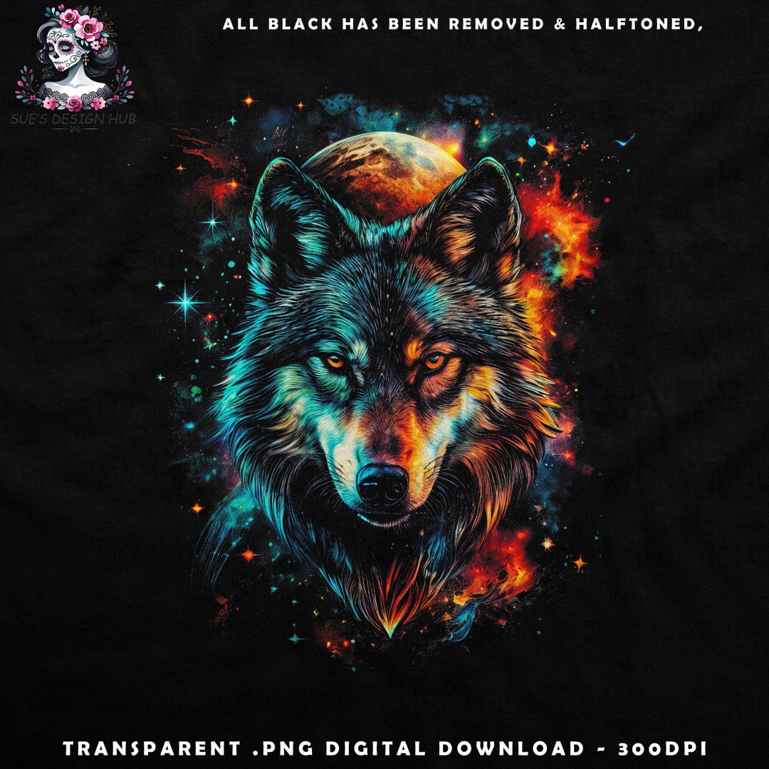 Wolf Graphic Tee, Vibrant Wolf Head Design, Cosmic Wolf Art T-shirt ...