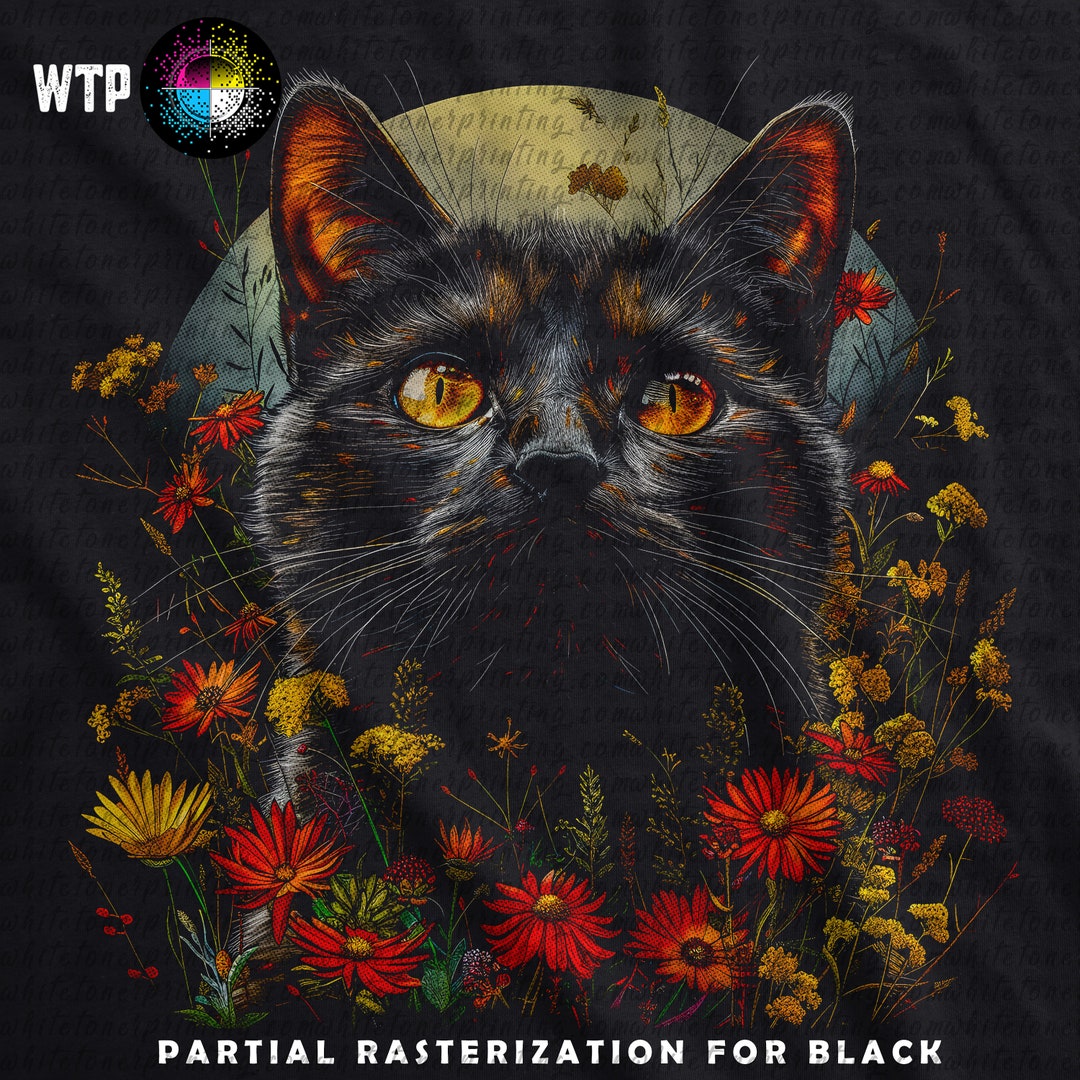 Floral Cat Illustration White Toner DTF Print, 300dpi Transparent PNG ...