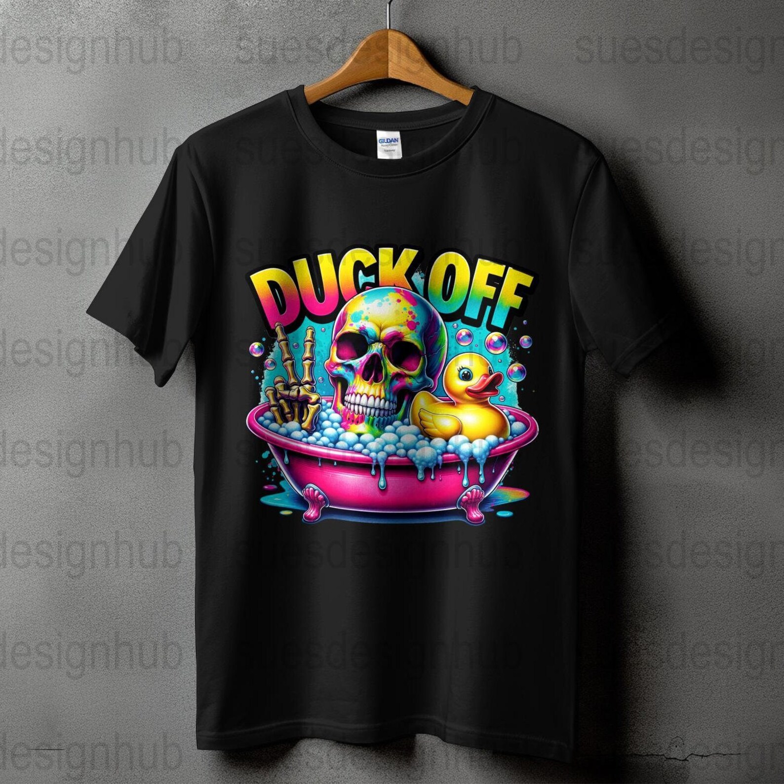 Edgy Duck off Skull Bath Art Print Vibrant Neon Rubber Ducky and Skull ...