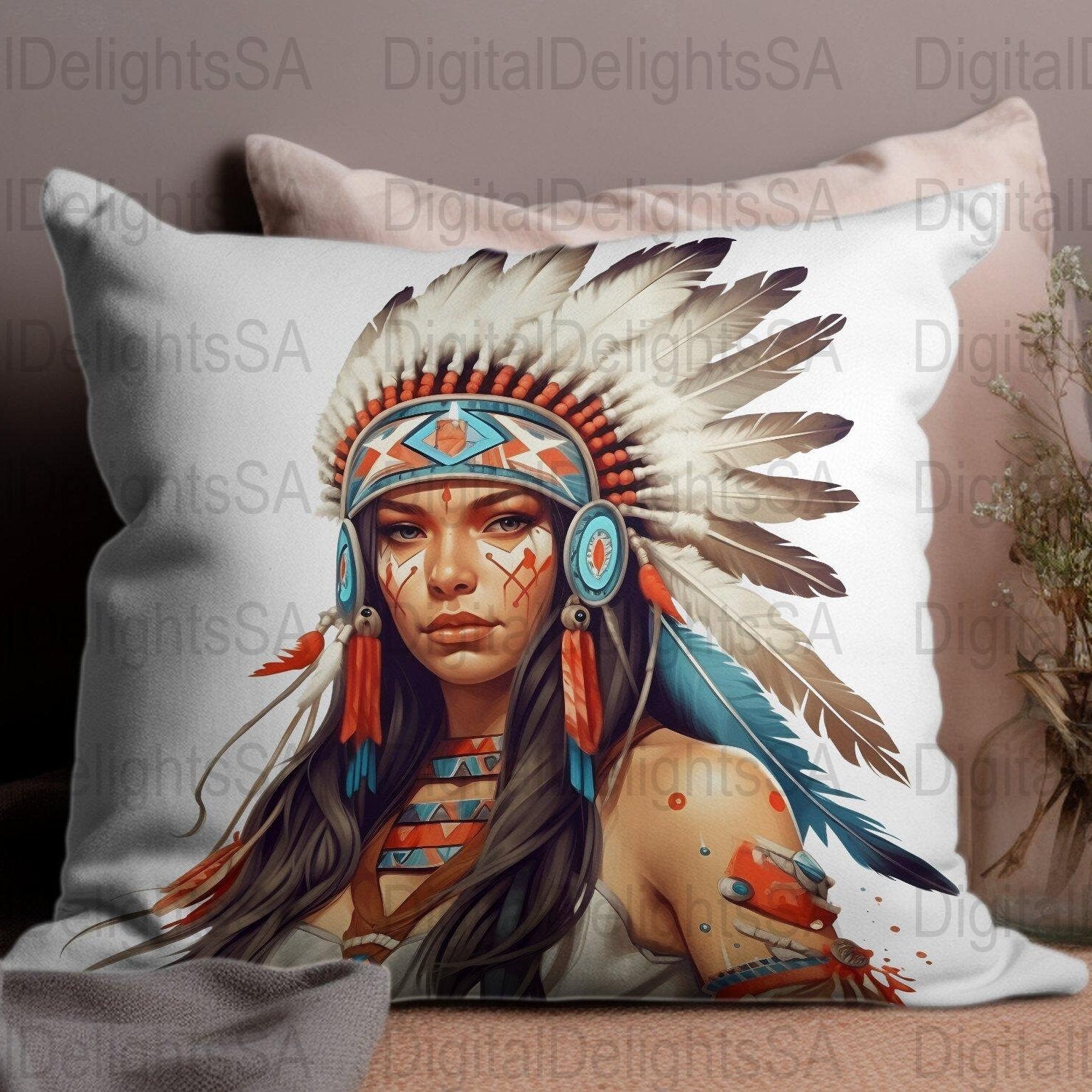 Native American Girl With Headdress Digital Design Ideal for T-shirts ...