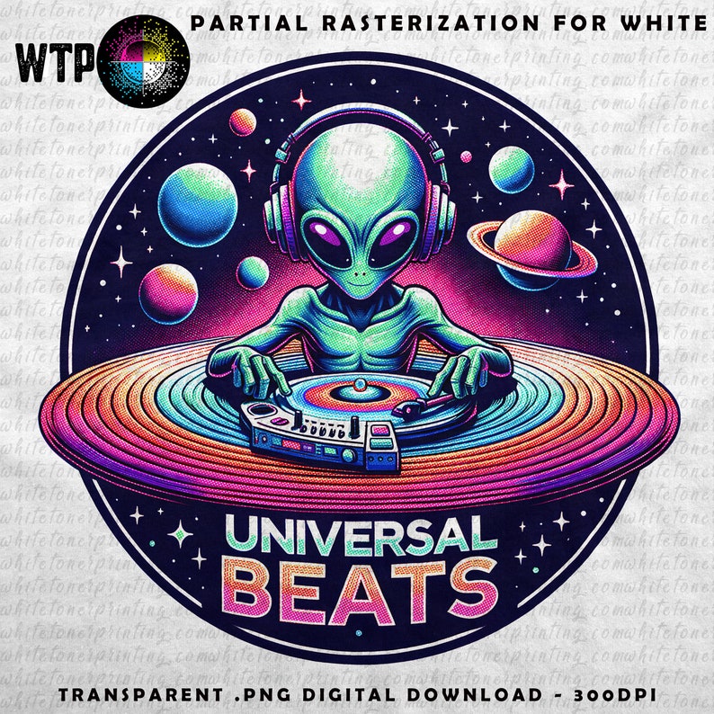 Alien DJ Art Neon Planetary Rings Spin, Digital Illustration on White ...