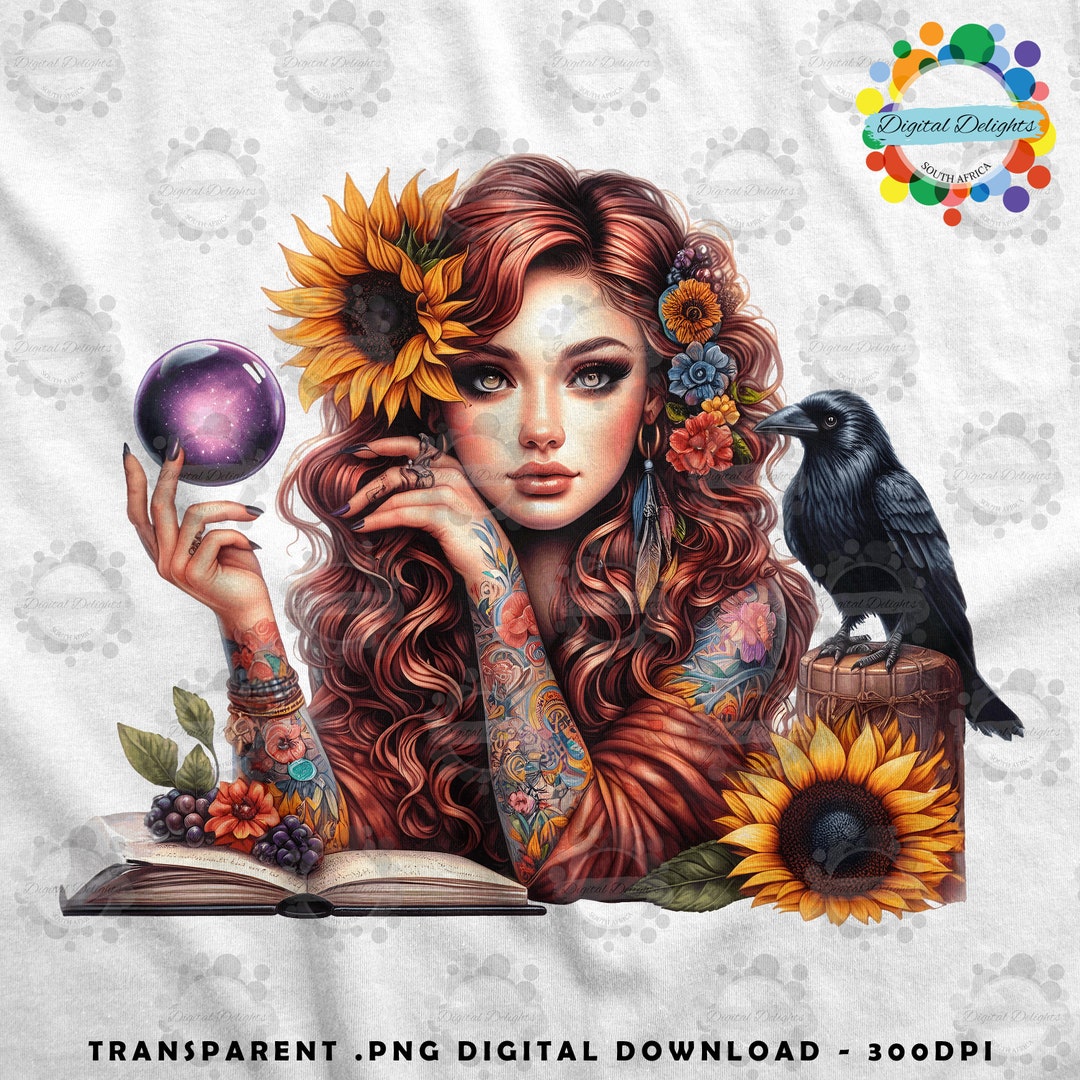 Magical Red-haired Girl With Sunflower, Raven, Crystal Ball Instant ...