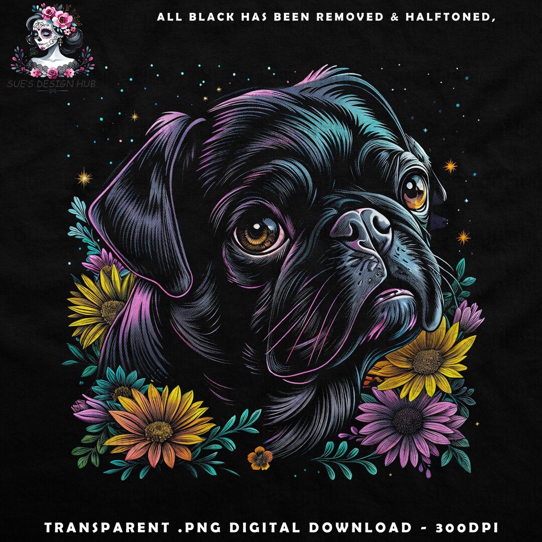 Vintage Pug Dog Halftone Design, Colorful Halftone Art Print, Floral ...