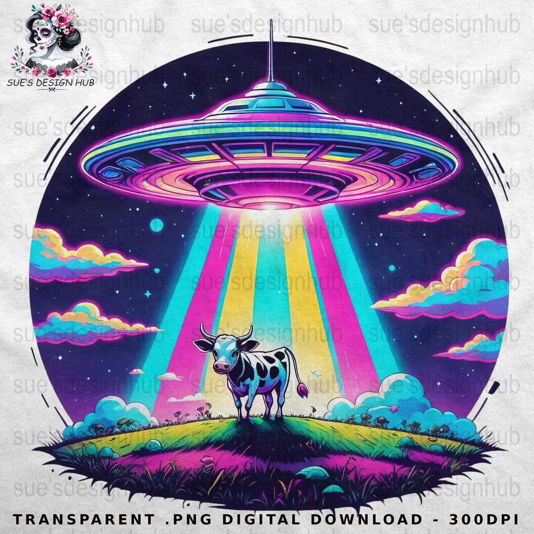 Alien UFO Abducting Cow Digital Art, Vibrant Space Scene, High ...
