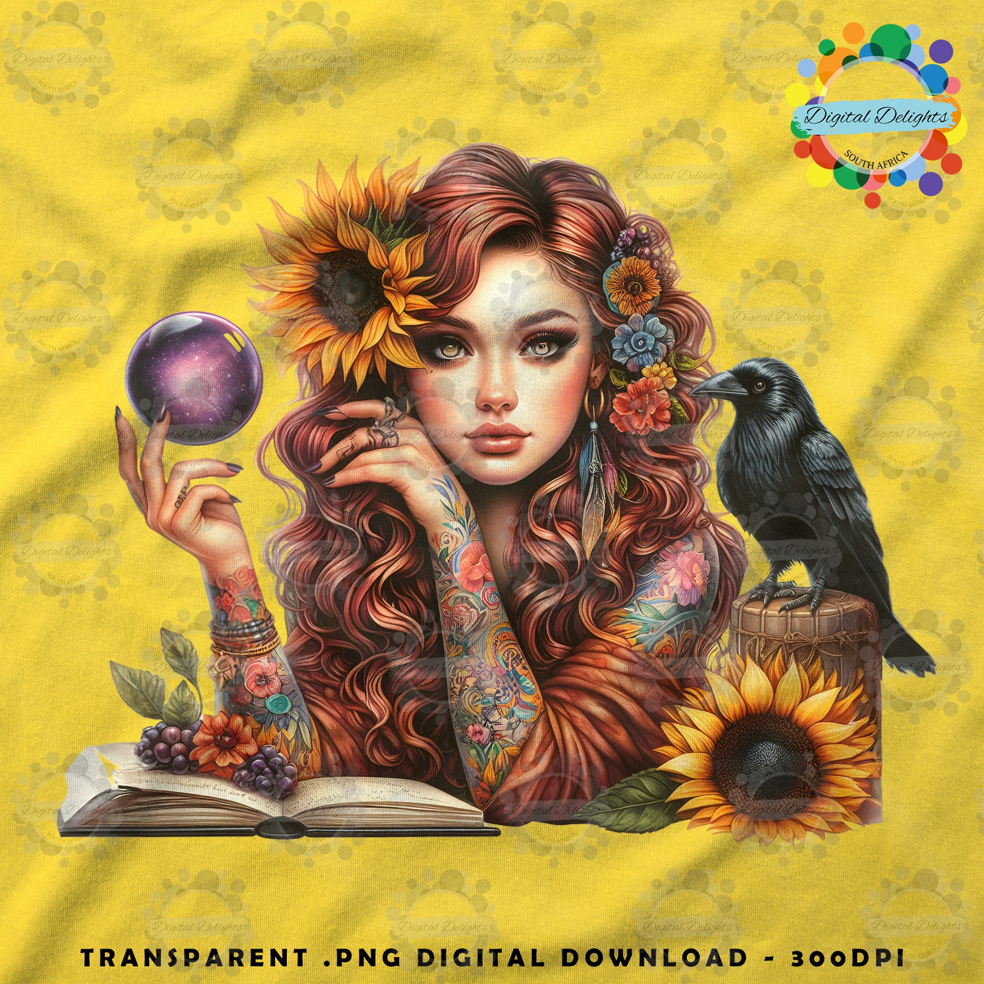 Magical Red-haired Girl With Sunflower, Raven, Crystal Ball Instant ...