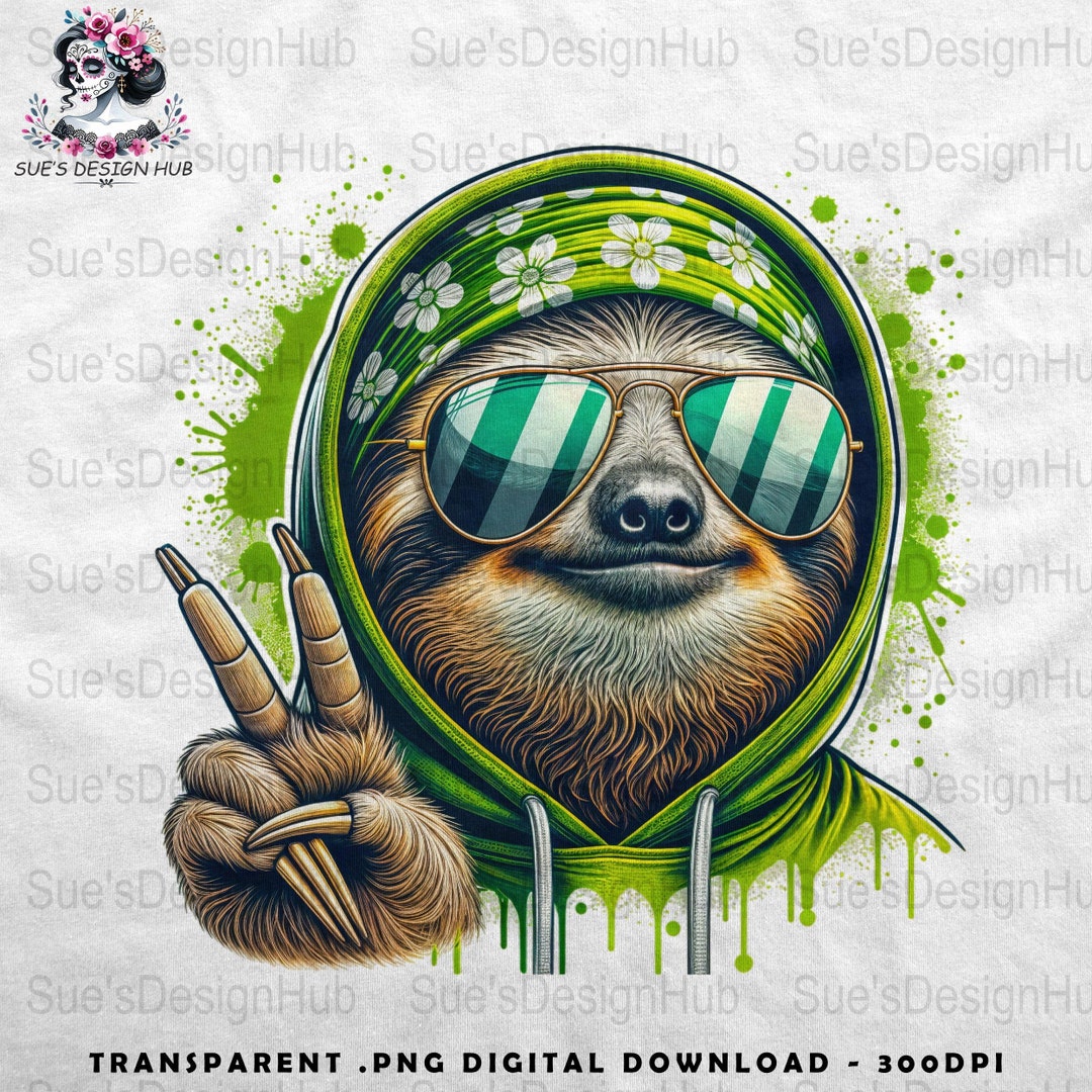 Cool Sloth PNG, Funny Sloth Art, Hipster Sloth Print, Peace Sign Sloth ...
