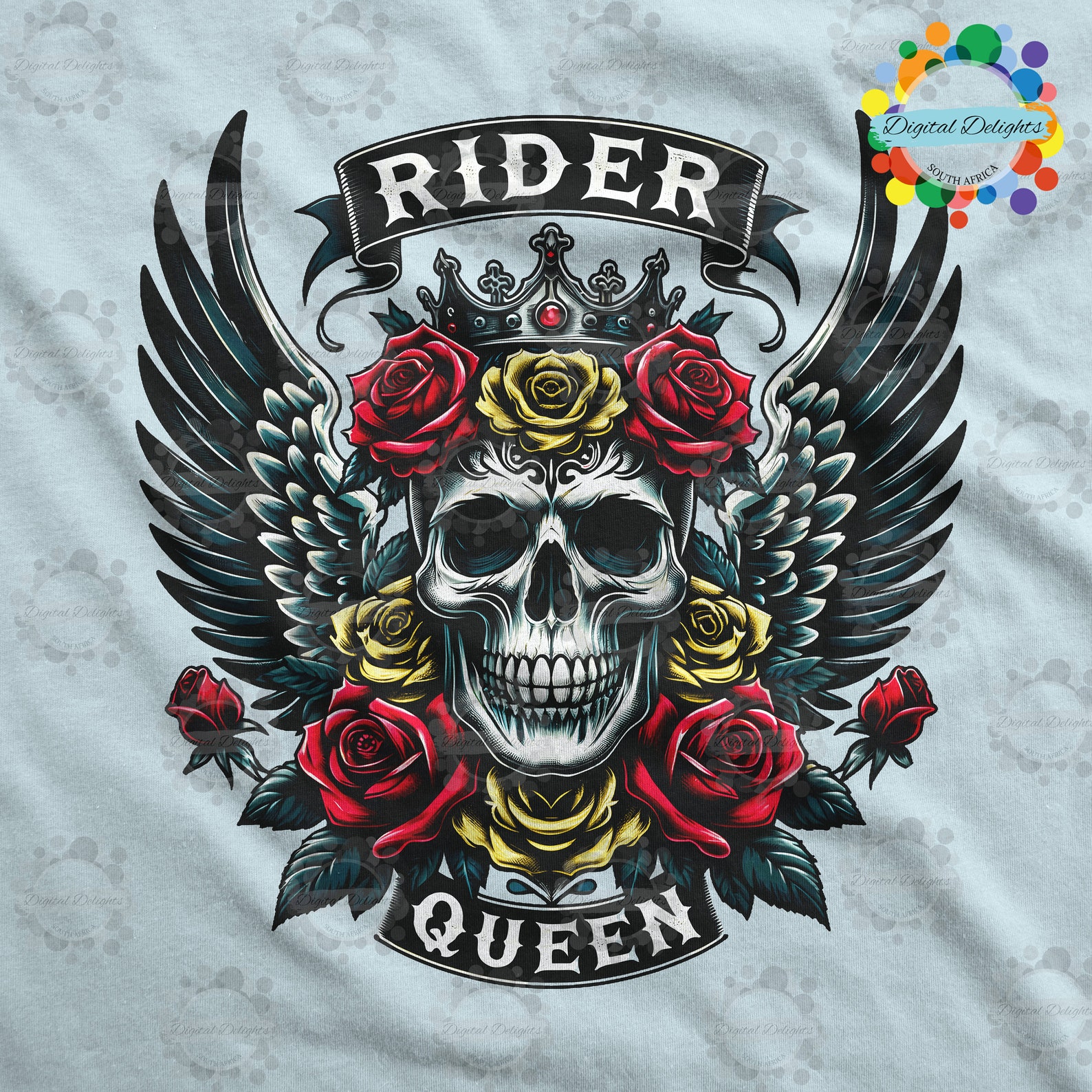 Rebel Queen Rider Intricate Skull Wings Roses Design Sublimation DTF ...