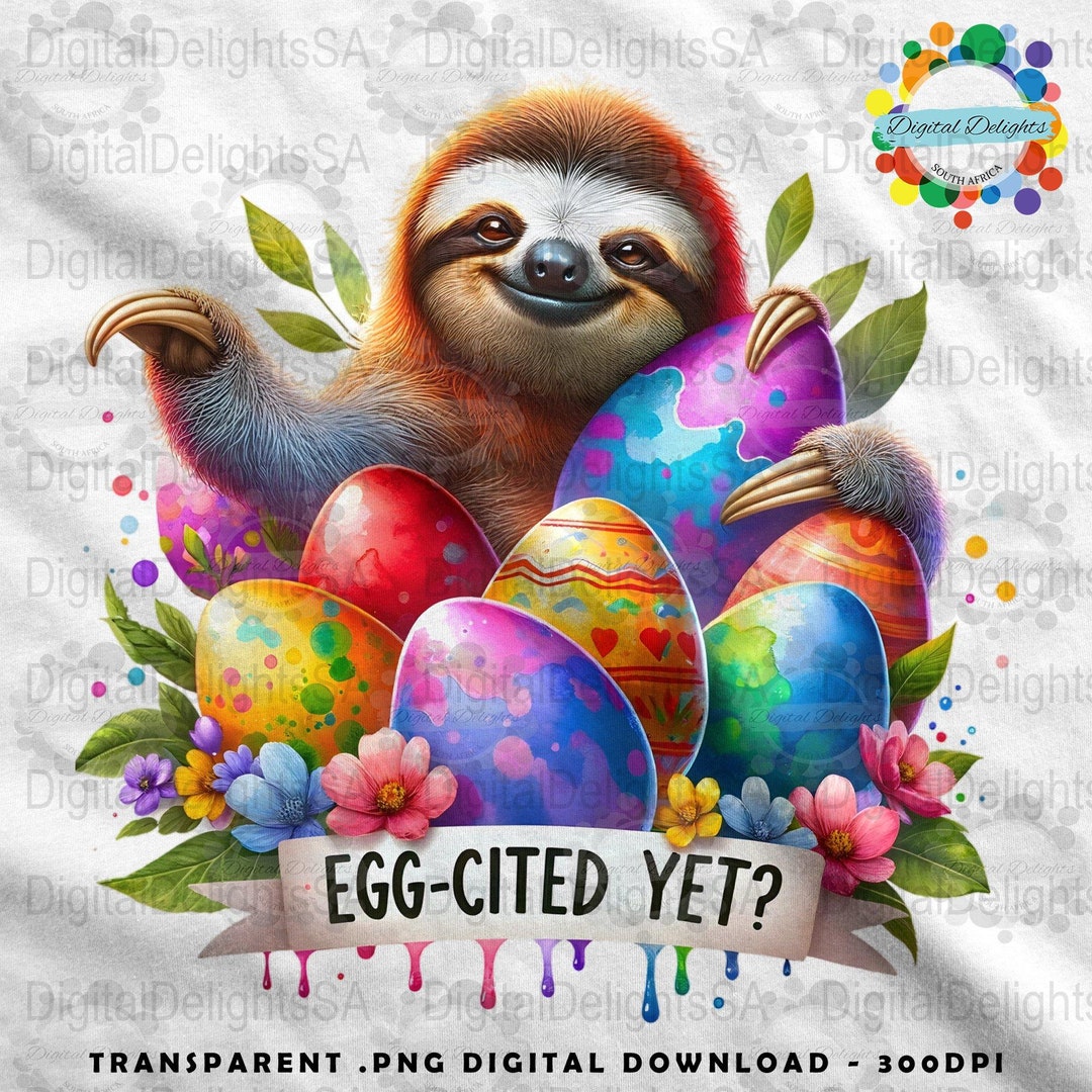 Colorful Easter Sloth Digital Art, Cute Sloth With Painted Eggs Festive ...