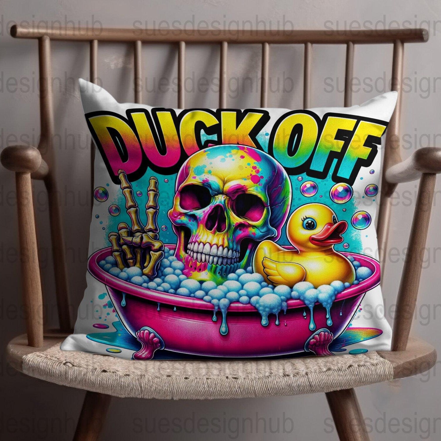 Edgy Duck off Skull Bath Art Print Vibrant Neon Rubber Ducky and Skull ...