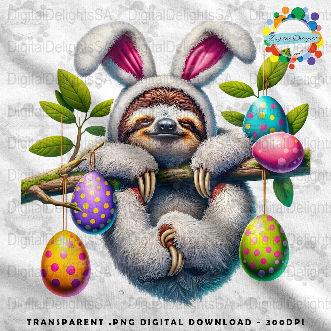 Easter Sloth Digital Art, Bunny Ears Sloth With Hanging Eggs, Cute ...