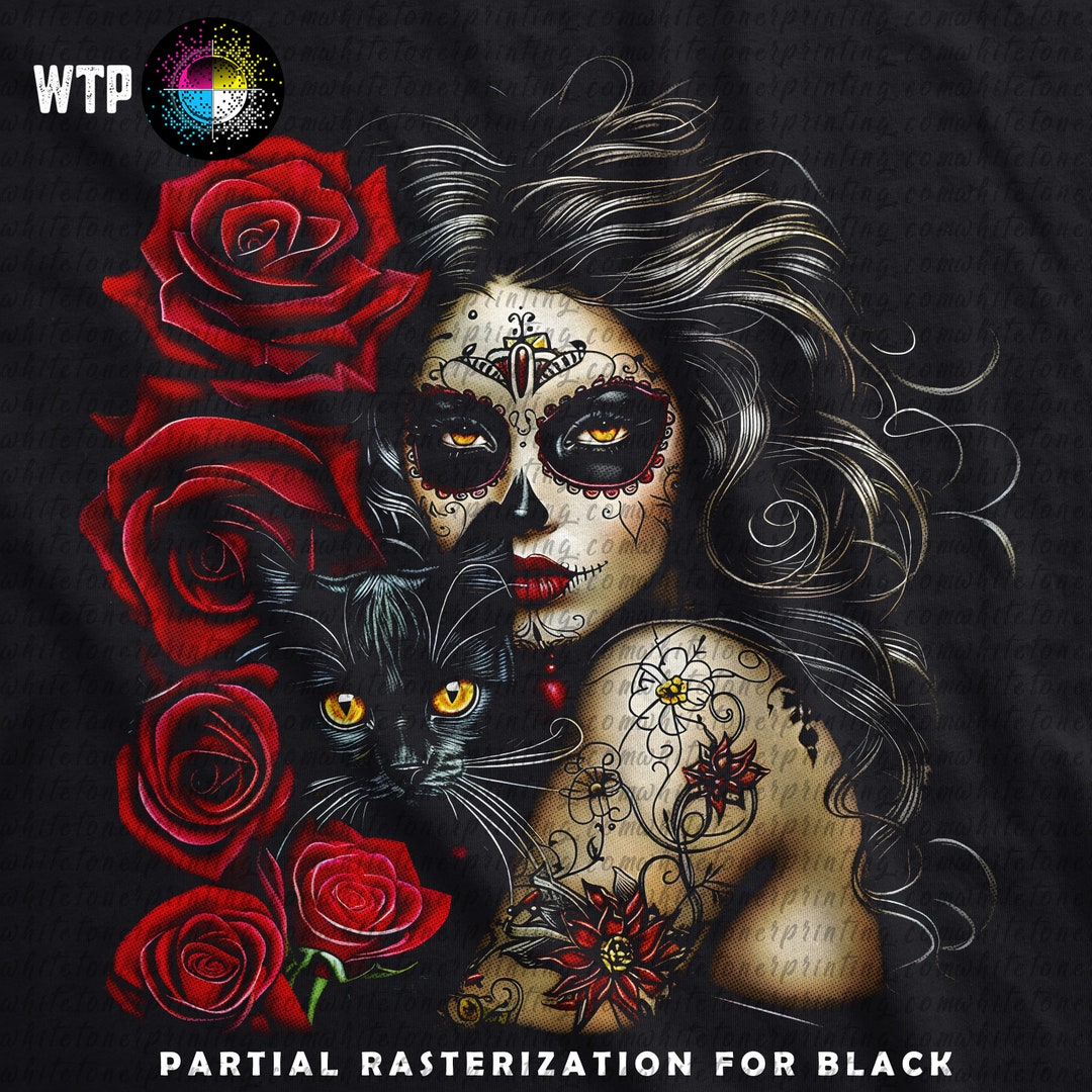 Day of the Dead Lady With Red Roses and a Black Cat, 300dpi Png for DTF ...