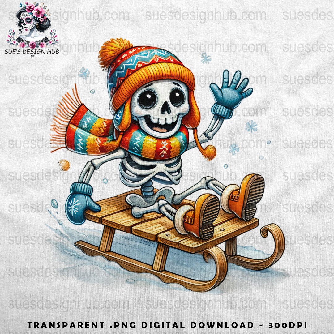 Cute Skeleton on Sled Winter PNG, Sublimation Design, Craft Image ...