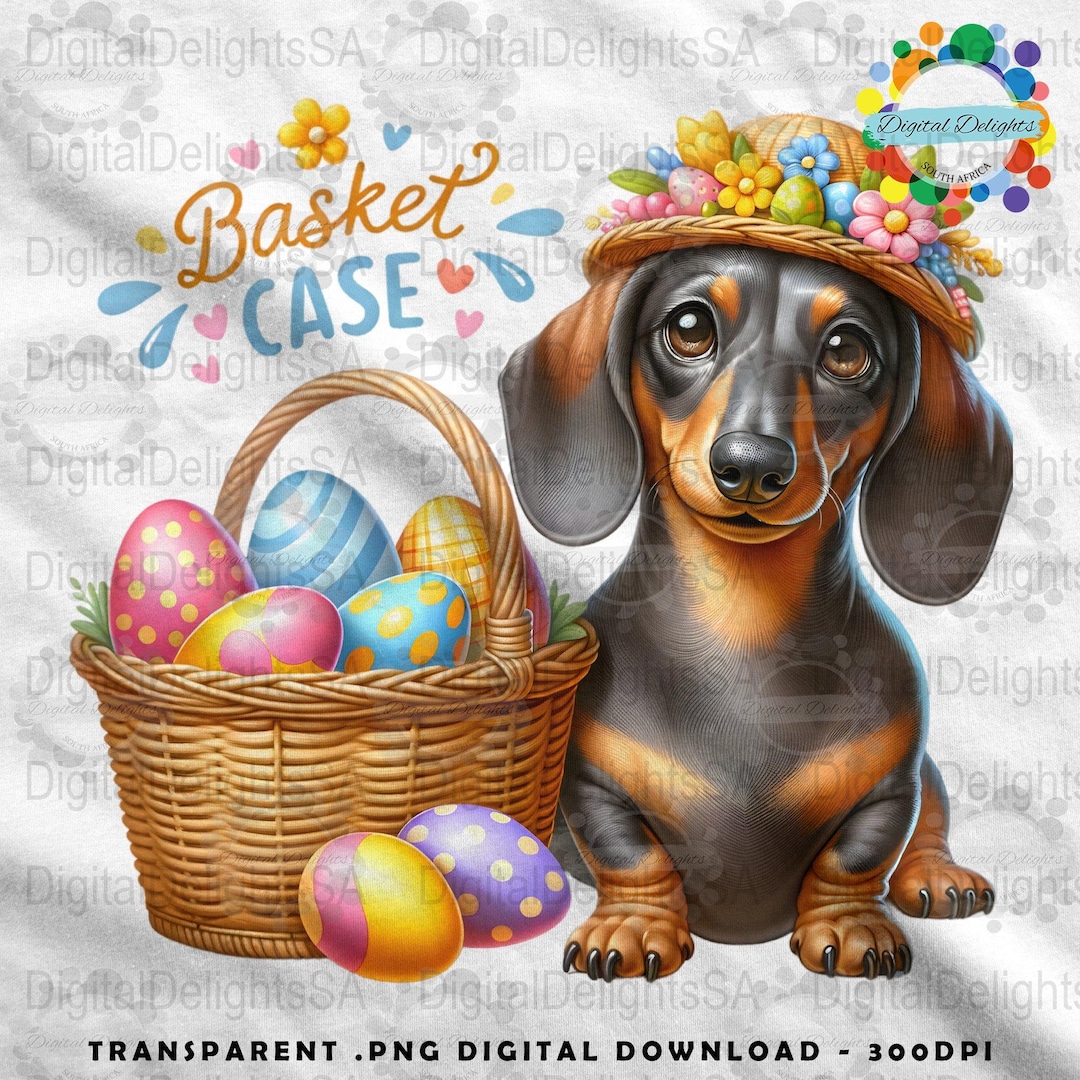 Easter Dachshund Digital Art, Cute Dog With Easter Eggs Basket, Spring ...