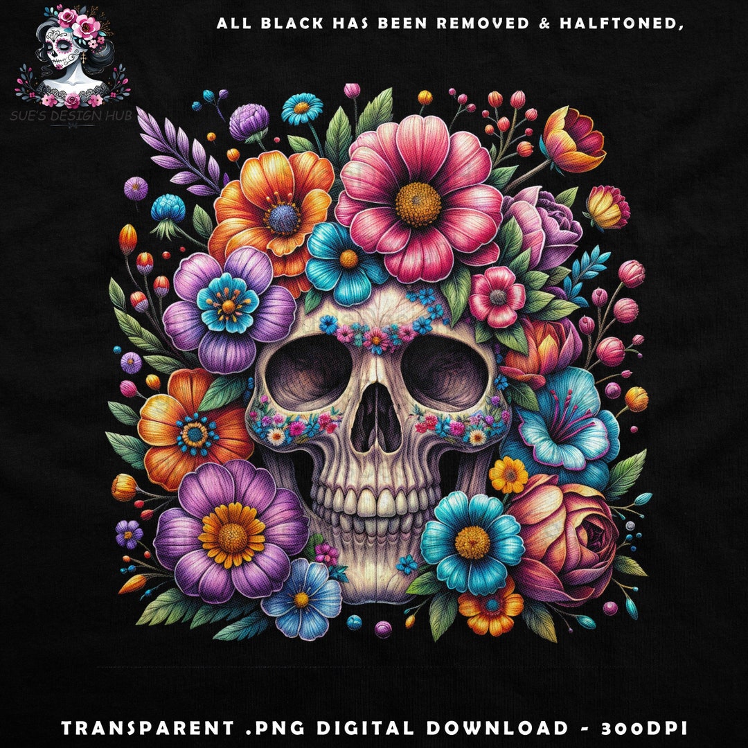 Skull With Colorful Floral Design T-shirt, Halftoned Art Print, Vibrant ...