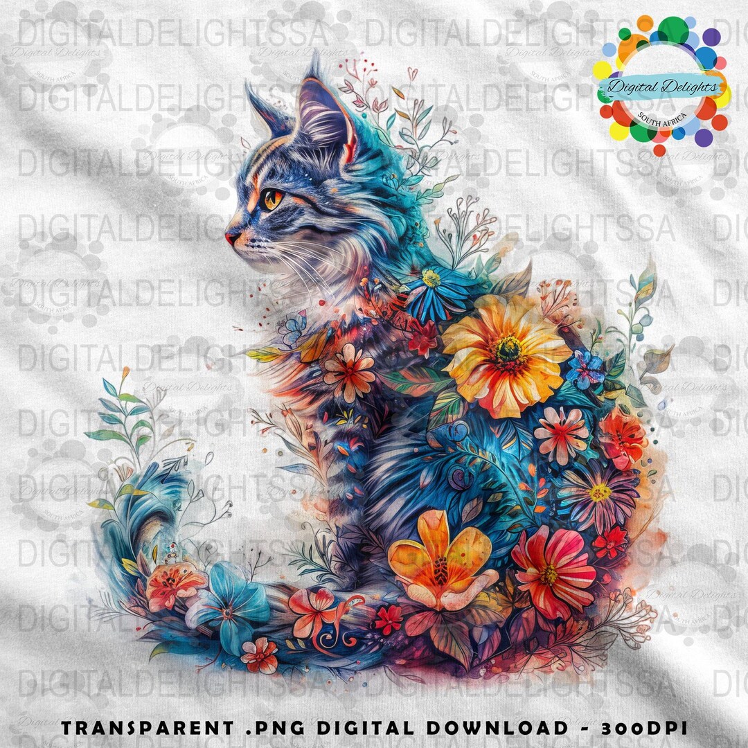 Floral Cat Art Transparent PNG, 300 DPI, Instant Download, Watercolor ...