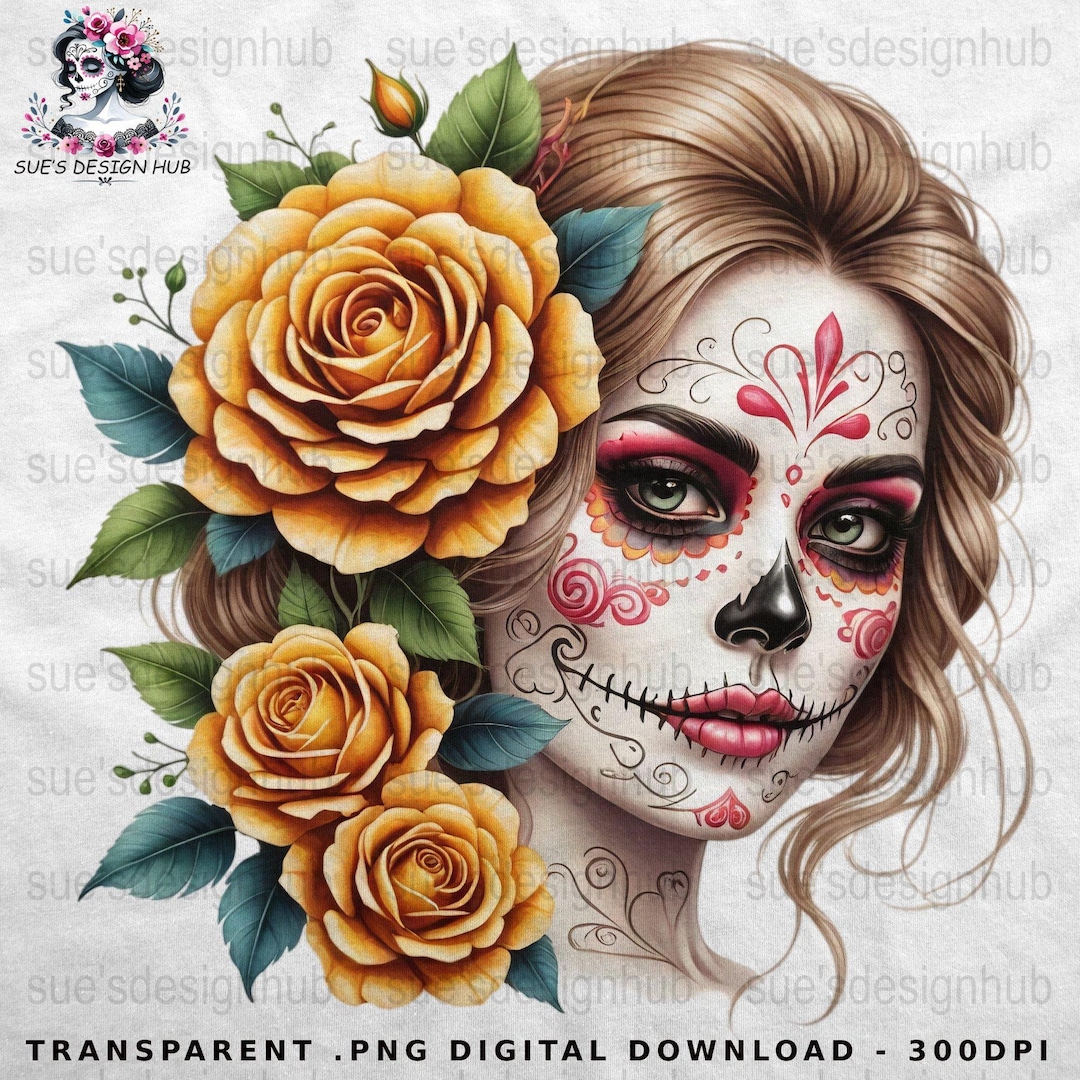 Day of the Dead Sugar Skull Woman Portrait With Roses Digital Art, Dia ...