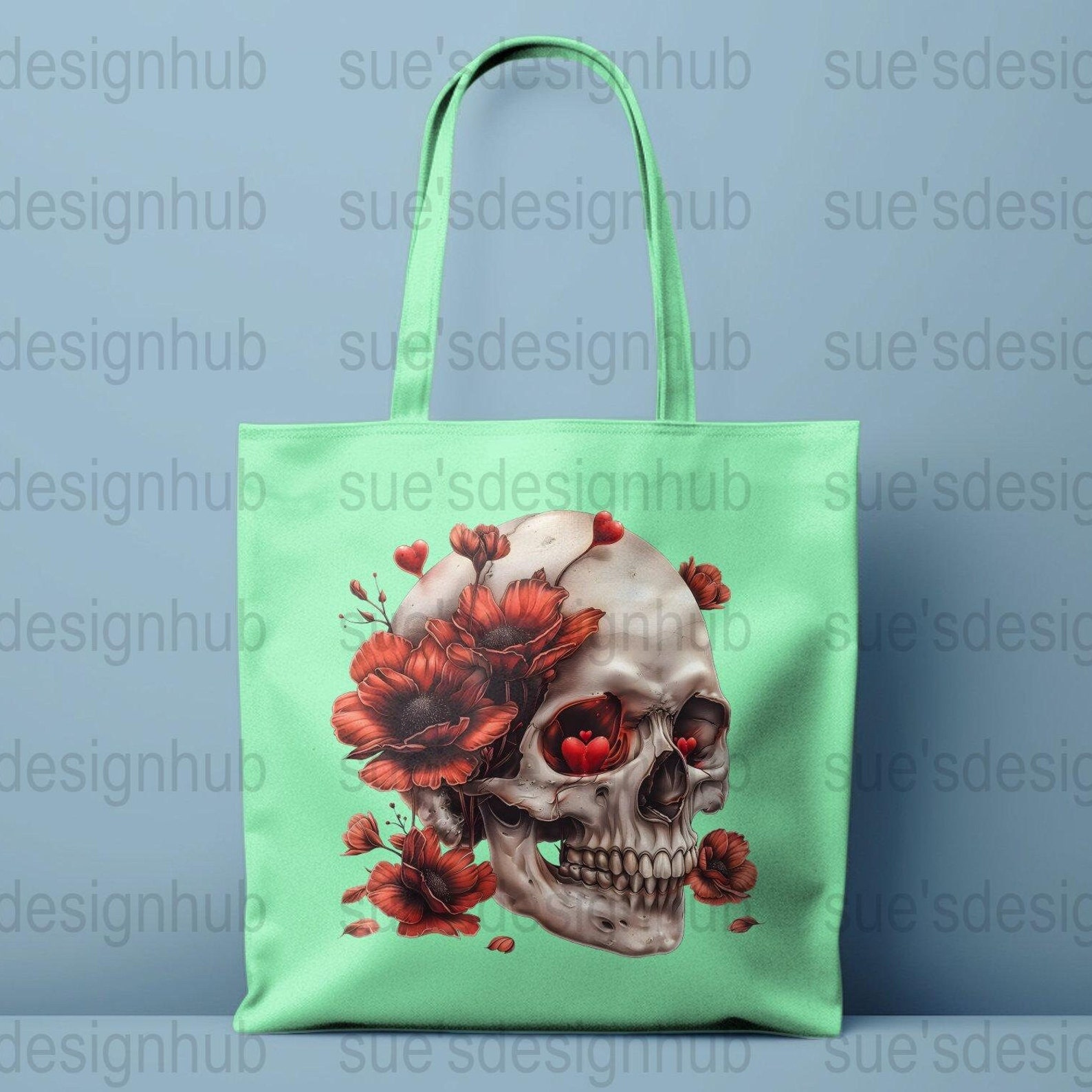 Skull and Red Poppies Art Print, Digital Skull Illustration With ...