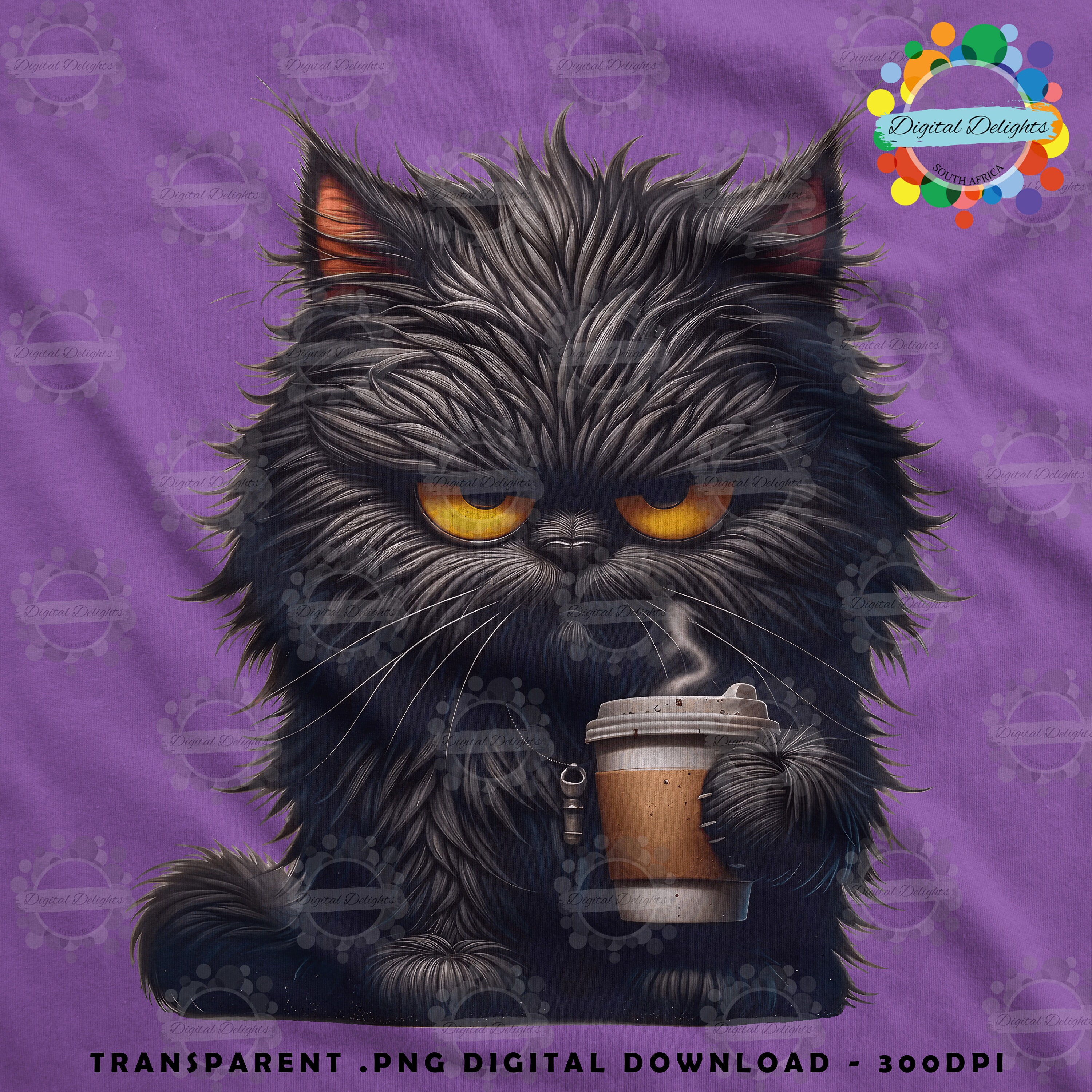 Grumpy Black Cat With Coffee Cup Disheveled Fur & Coffee Cup Funny Cat ...