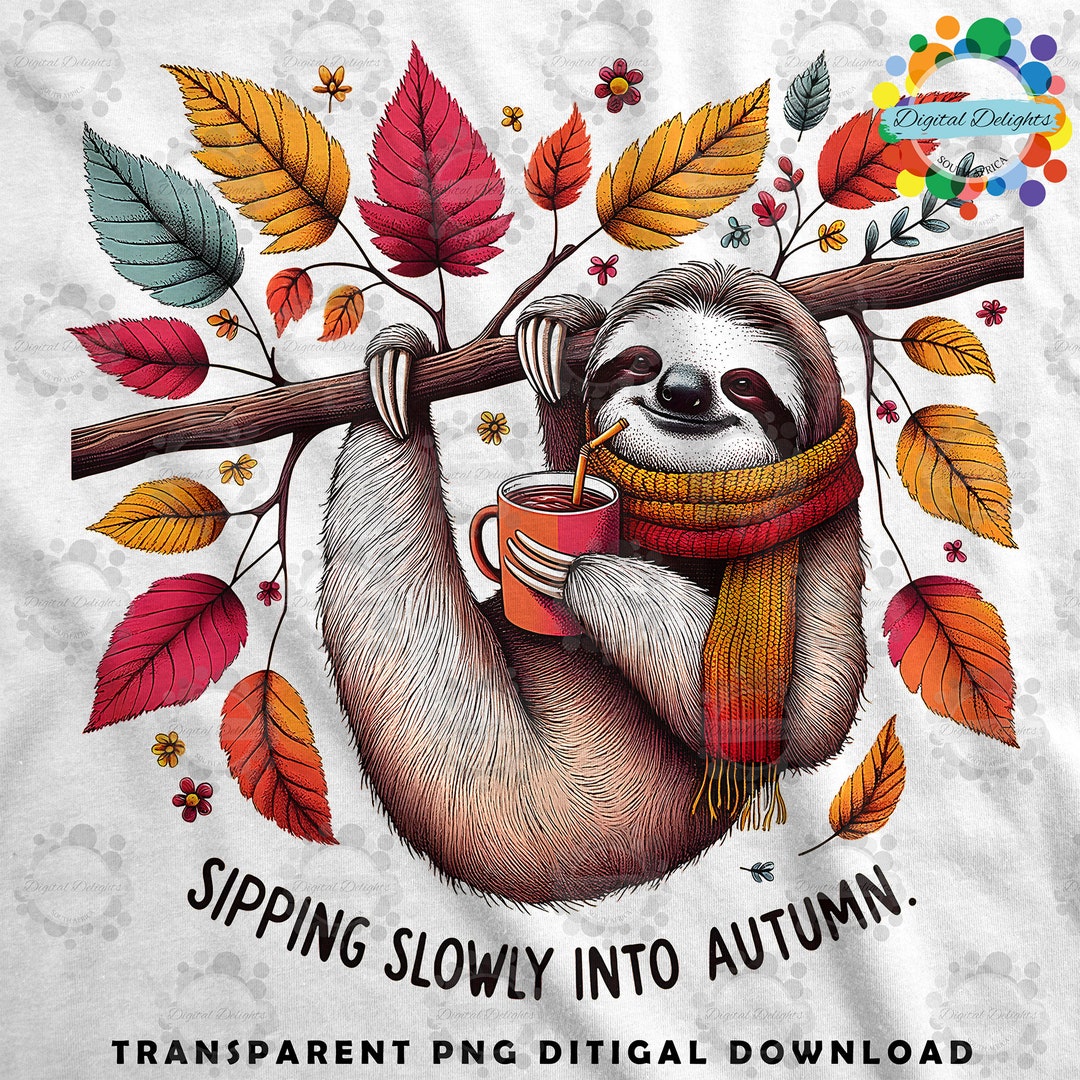 Autumn Sloth Digital Art PNG Cozy Fall Sublimation & DTF - Etsy