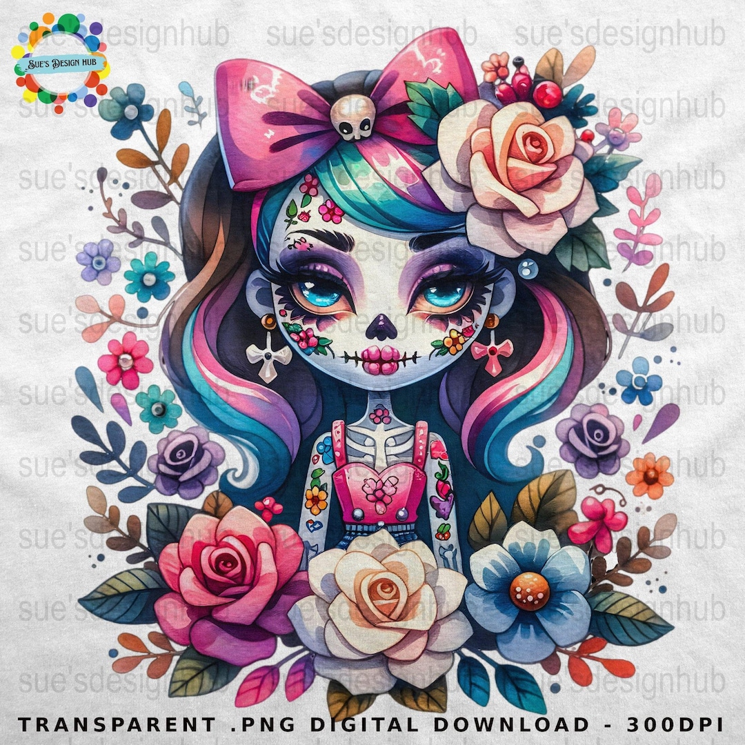 Colorful Day of the Dead Sugar Skull Girl Printable Art, Mexican Dia De ...