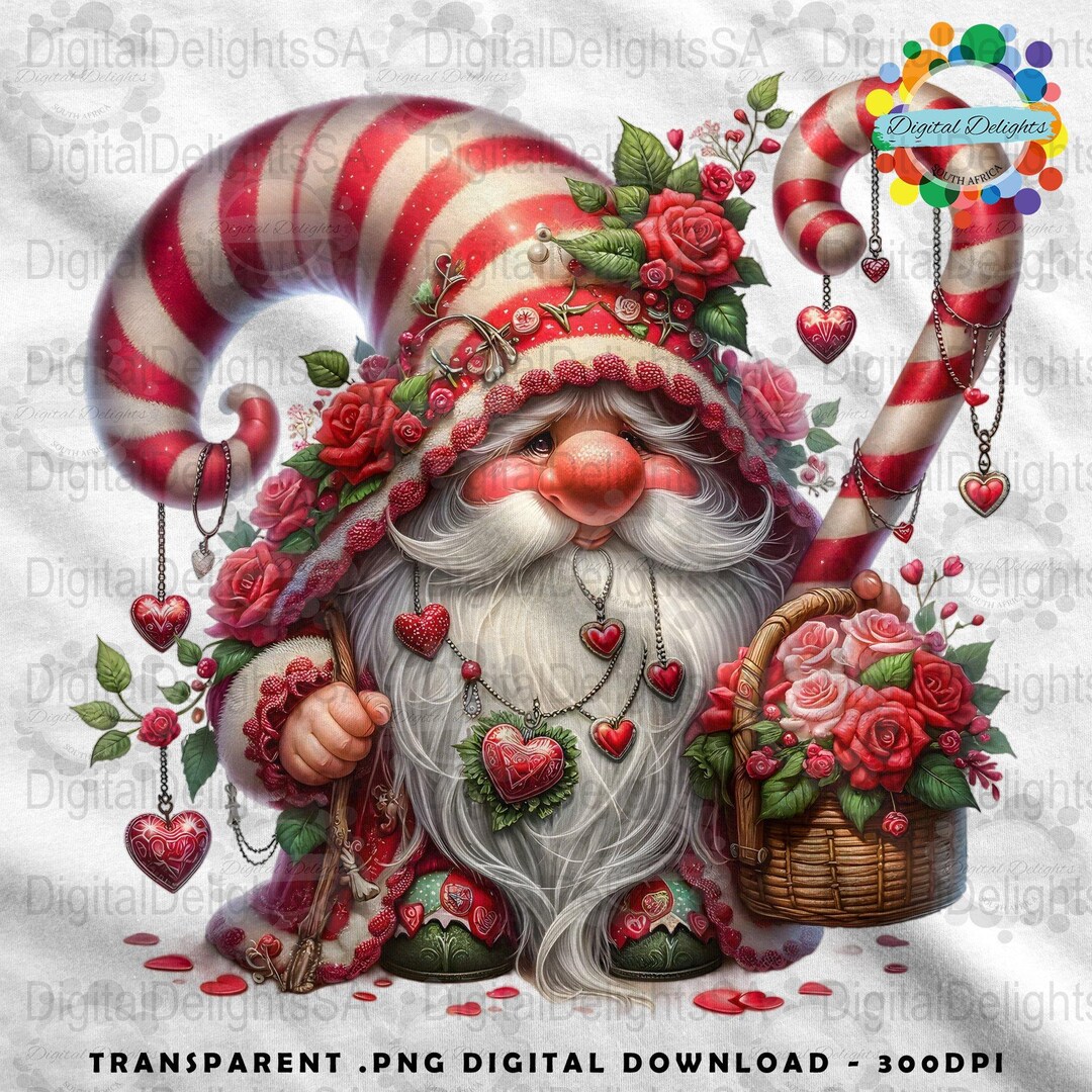 Valentine's Day Gnome Digital Print, Whimsical Love Gnome With Roses ...