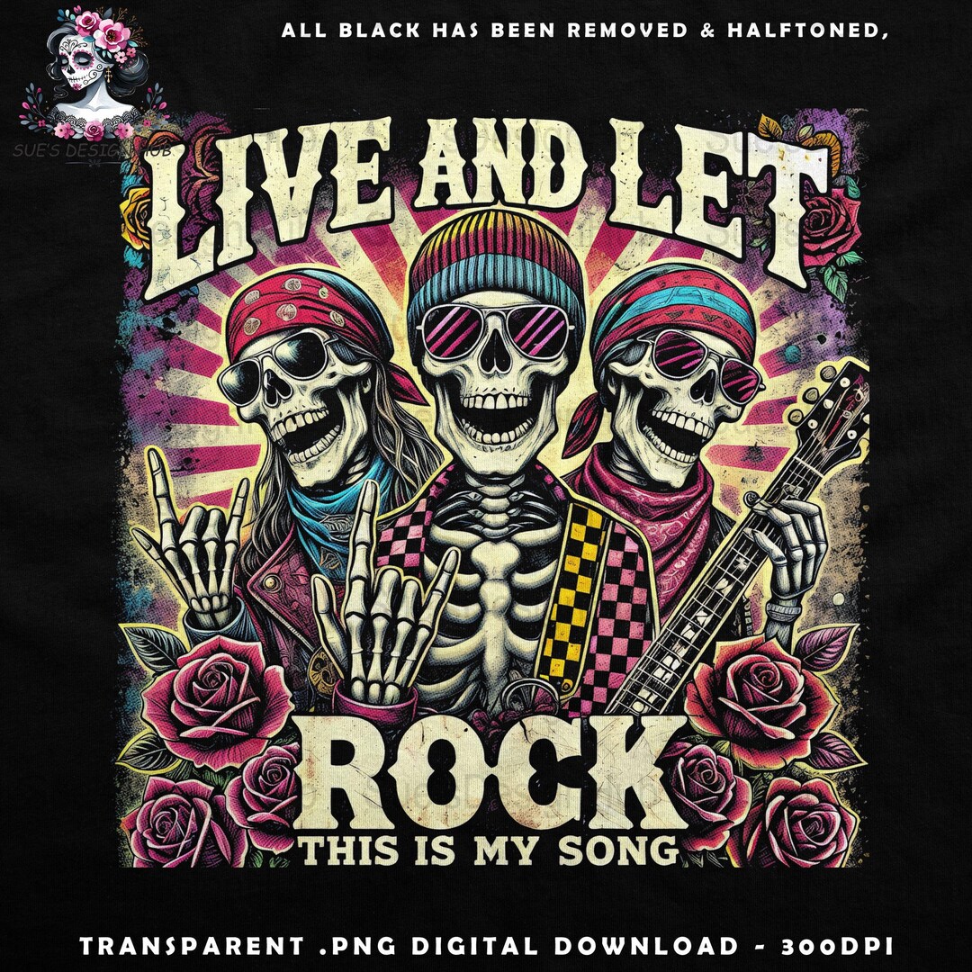 Rock Band Skeletons Digital Design, Live and Let Rock Printable Art ...