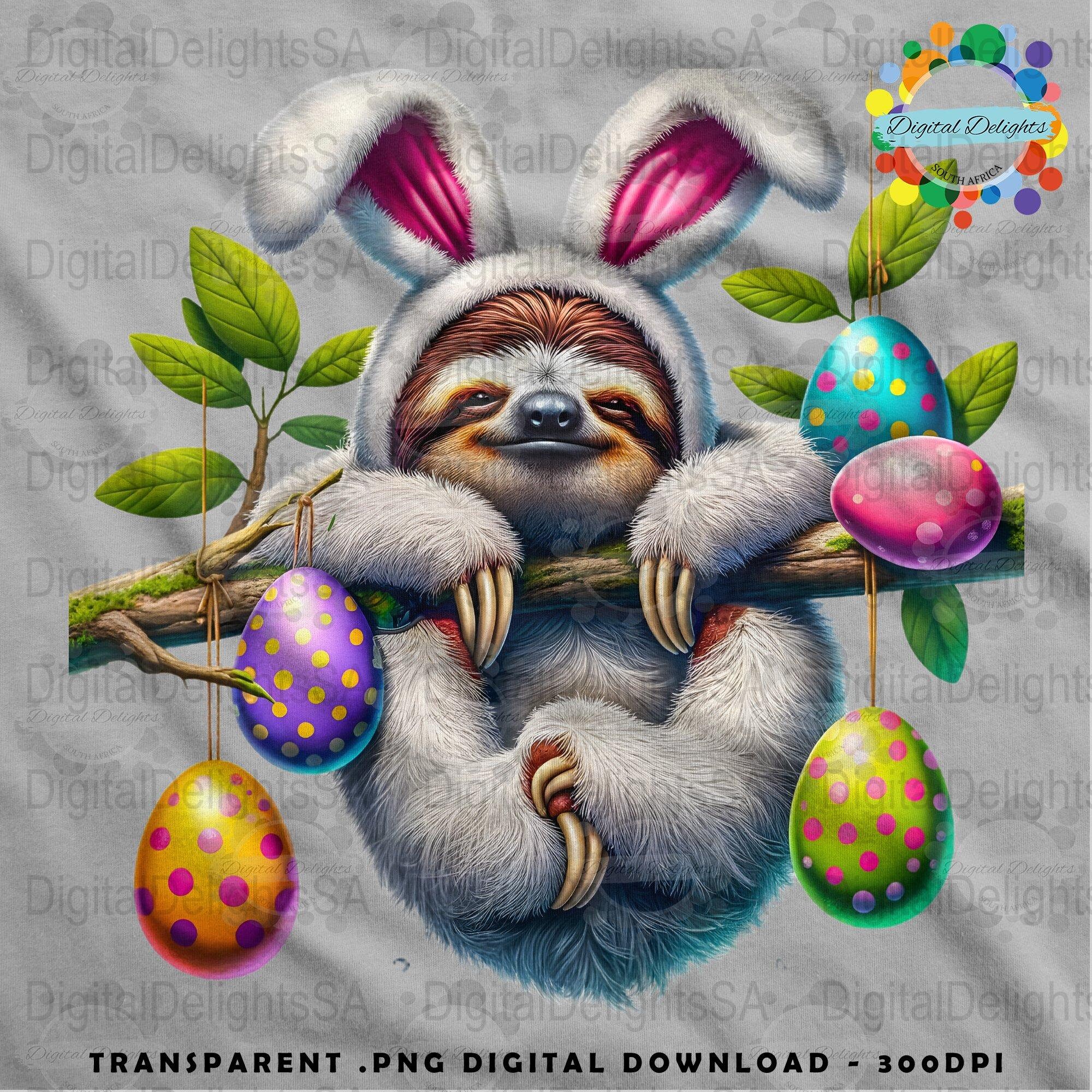 Easter Sloth Digital Art, Bunny Ears Sloth With Hanging Eggs, Cute ...