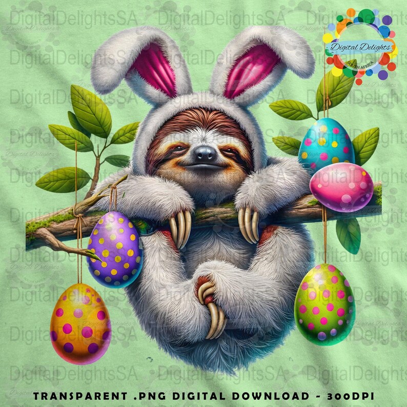Easter Sloth Digital Art, Bunny Ears Sloth With Hanging Eggs, Cute ...