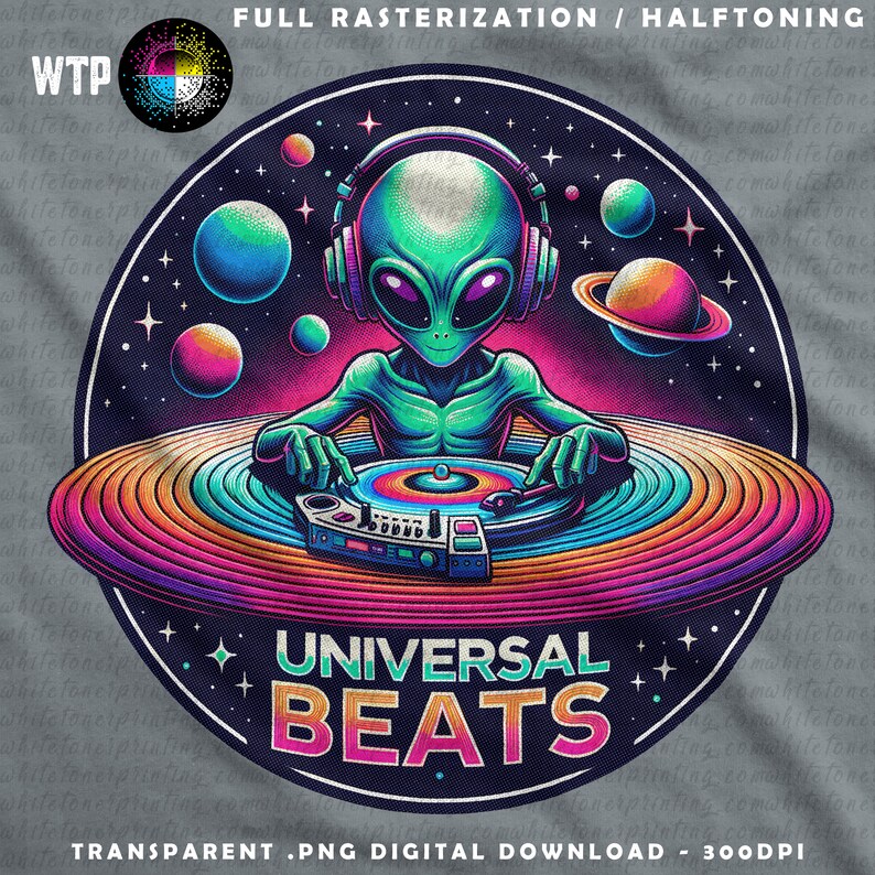 Alien DJ Art Neon Planetary Rings Spin, Digital Illustration on White ...