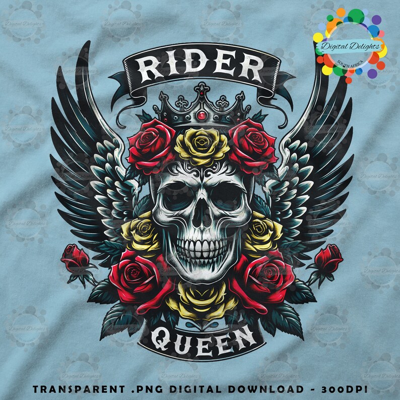 Rebel Queen Rider Intricate Skull Wings Roses Design Sublimation DTF ...