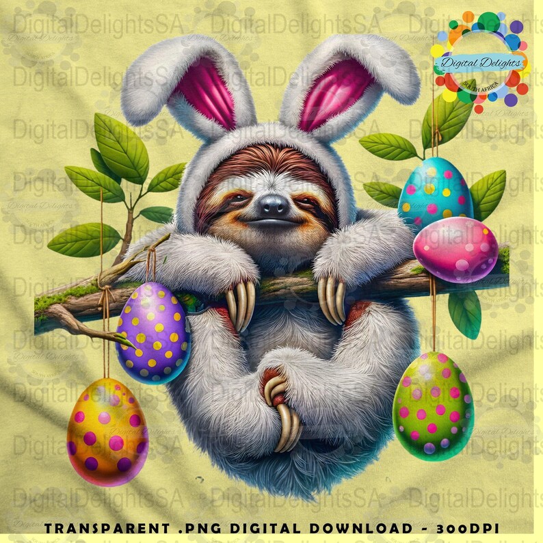 Easter Sloth Digital Art, Bunny Ears Sloth With Hanging Eggs, Cute ...