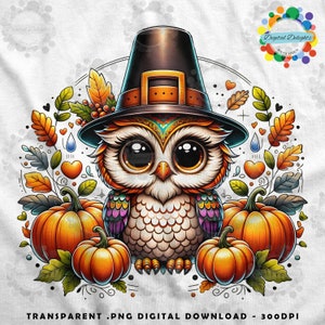 Happy Thanksgiving Day Adorable Owl With Pumpkins and Autumn Leaves ...
