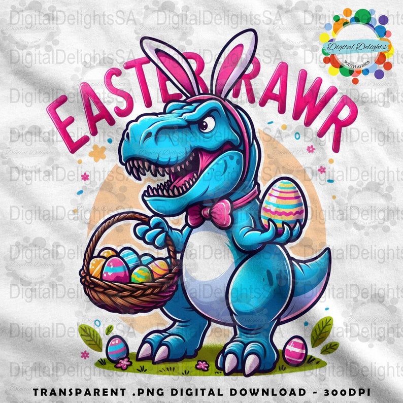 Dinosaur Easter Bunny Digital Print, Cute T-rex With Eggs Illustration ...
