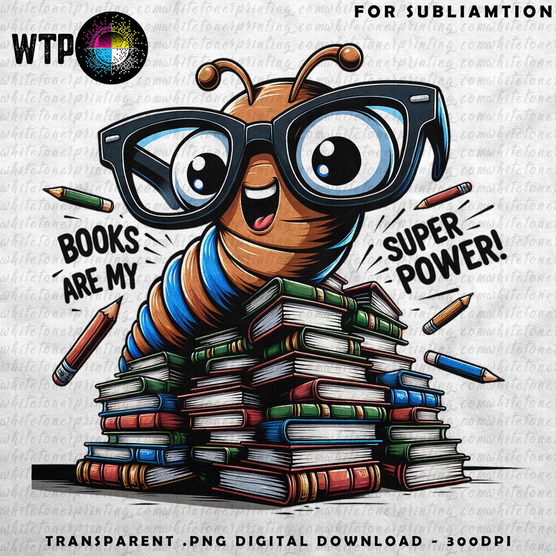 Cute Bookworm Digital Download, Colorful Cartoon Bug With Glasses ...