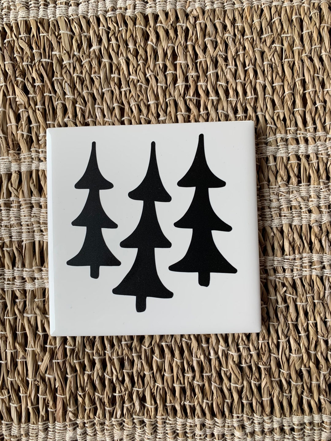 Vinyl Pine Trees White Ceramic Tile Coaster, Pine Trees Tile Coaster ...