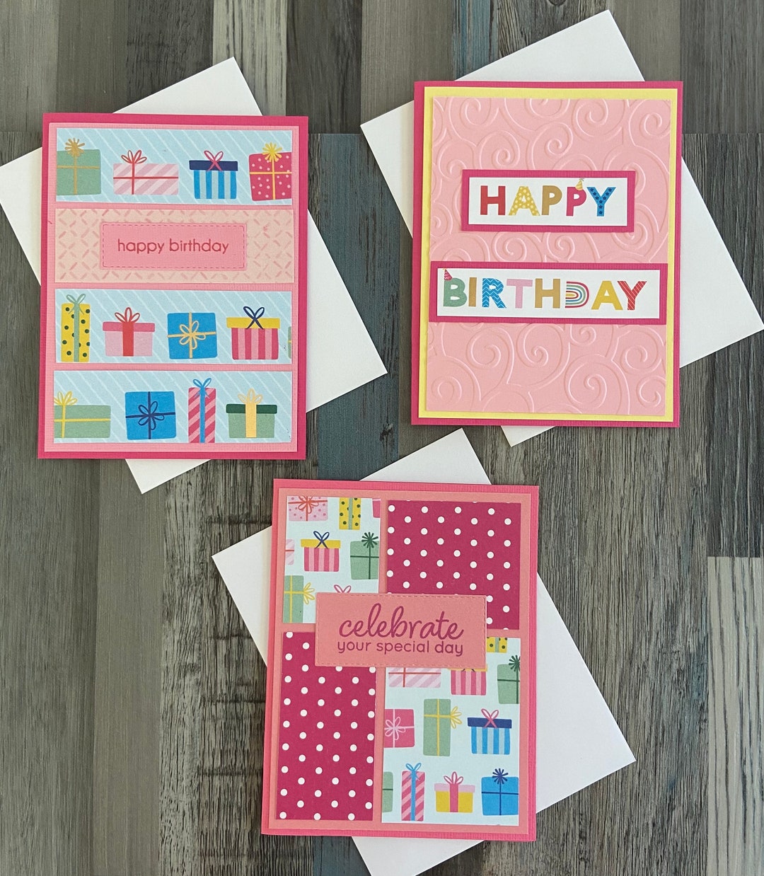 Birthday Card for Her in Shades of Pink, Designs Include Presents ...