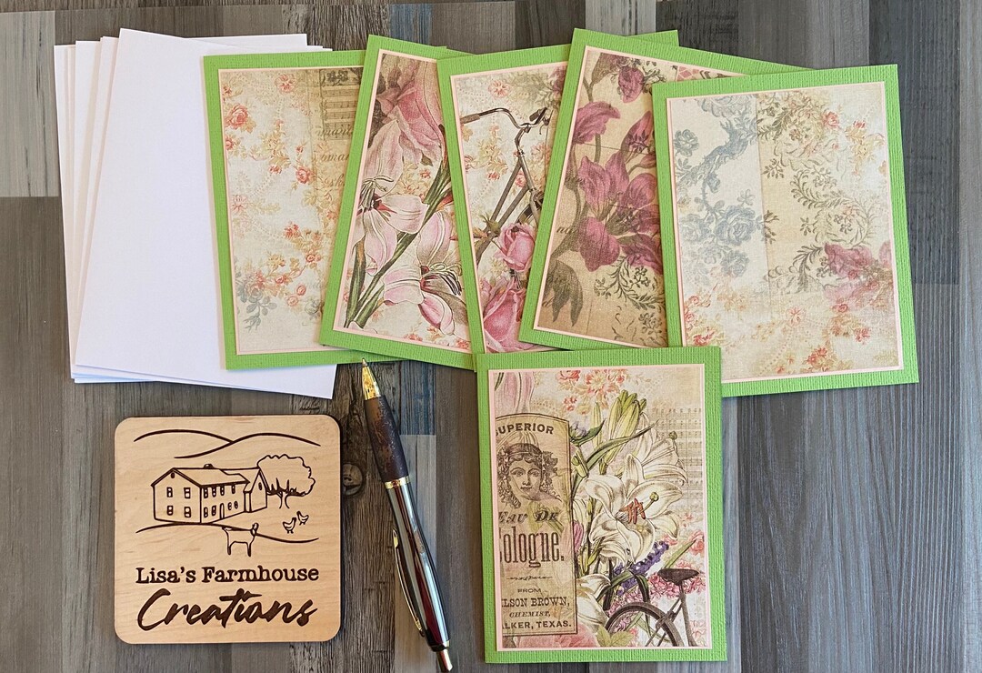 All Occasion Note Cards, Charming Vintage Floral Prints on Bright Green ...