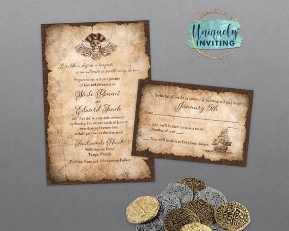 Pirate Map Wedding Invitation Pirate Wedding Invitation Custom